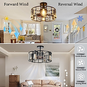XuanDe Ceiling Fans with Lights and Remote, Vintage Caged Ceiling Fans Industrial Farmhouse Rustic Ceiling Fan Bladeless Enclosed Flush Mount for Hall, Living Room, Bedroom（Bulb x 6 Included）