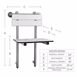 Portable Hanging Profile Bench Shower Seat with 18-inch Grab Bar, Grab Bar Supported, Stainless Steel, White