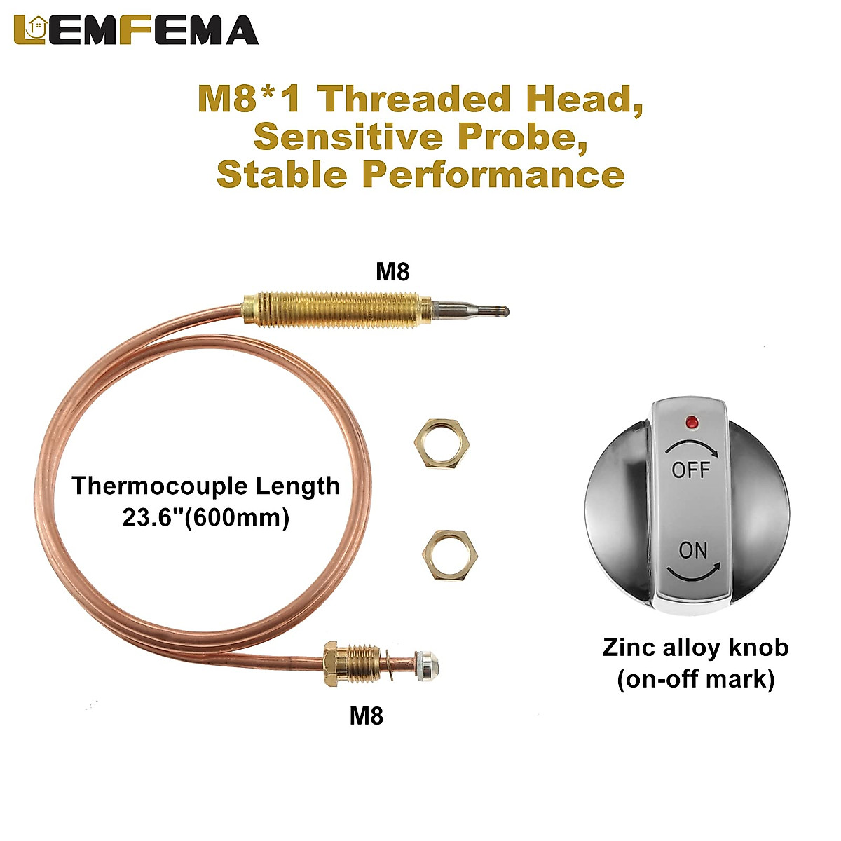 Lemfema Low Pressure LPG Propane Gas Fireplace Fire Pit Flame Failure Safety Control Valve with Thermocouple Knob Switch Kit with 5/8”-18UNF(3/8" Flare Inlet & Outlet) for Propane Fire Pit, Fireplace