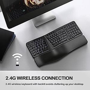 TANNSEN Backlit Wireless Ergonomic Keyboard USB Split Keyboard with Wrist Rest and Comfortable Typing, 104 Keys, 10 Shortcuts for Windows, Mac and Laptop PC Computer