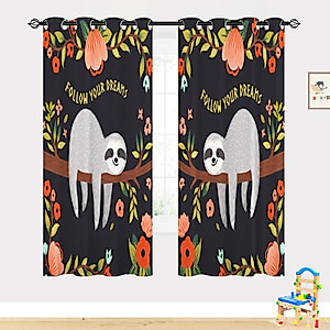 ANHOPE Sloth Curtains for Girl Bedroom - Follow Your Dreams Cute Jungle Sloth Animal Print Pattern Waterproof Fabric Grommet Window Drapes for Nursery Baby Boys Playroom Set 2 Panels W29.5 x L65