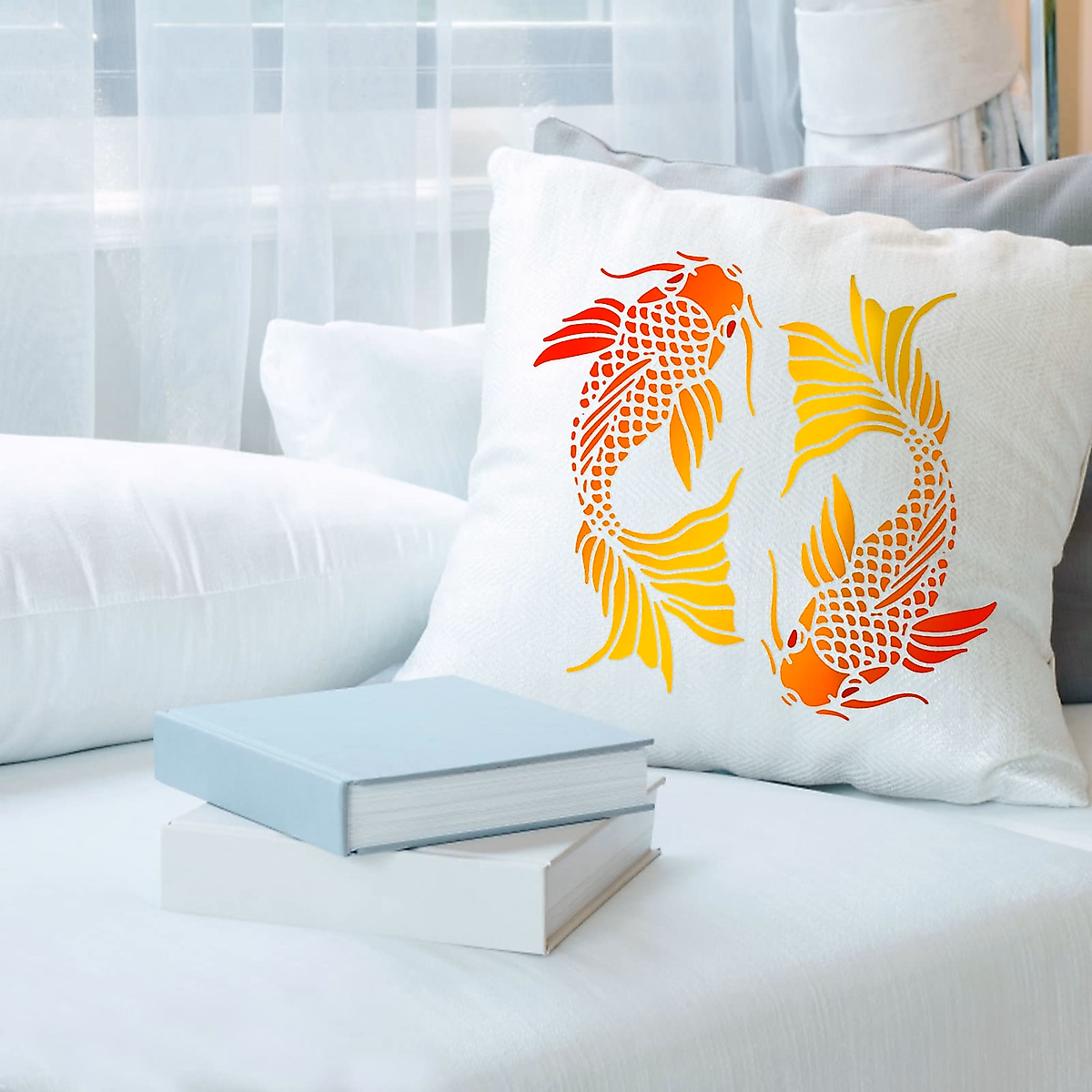 FINGERINSPIRE Koi Drawing Painting Stencils Templates (11.8x11.8inch) Plastic Koi Fish Stencils Decoration Square Carp Stencils for Painting on Wood, Floor, Wall and Fabric