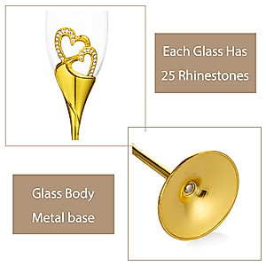 Wedding Champagne Glass Set Gold Toasting Flute Glasses Deluxe Pack of 2 with Rhinestone Rimmed Hearts Decoration for Wedding, Anniversary and Special Occasions