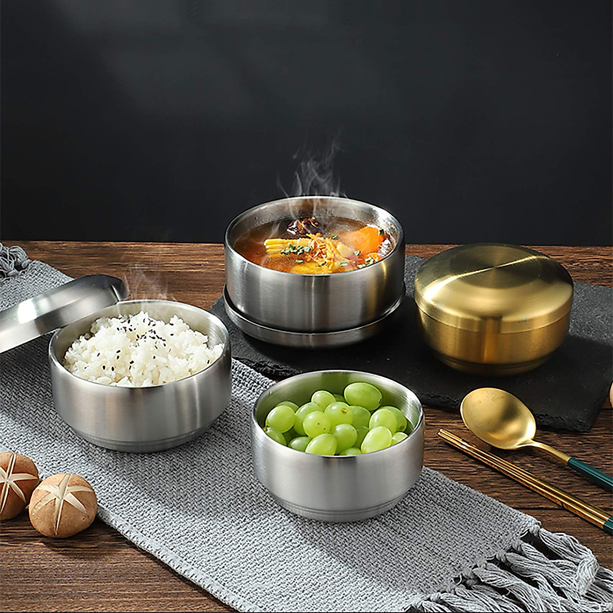 UPTALY Set Of 4 Food Grade 18/10 Stainless Steel Bowls with Lids (4.9'', 4.1''), Thickened Cereal Bowl with Saucer, Double-walled Insulated Steamed Soup Bowls, Meal Bowl with Lid, Korean Kimchi Dishes