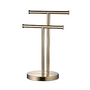 Towel Holder Stand Gold Brushed Hand Towel Holder Stand T-Shaped Towel Rack for Bathroom Kitchen Countertop, 2 Towel Rings, SUS304 Stainless Steel