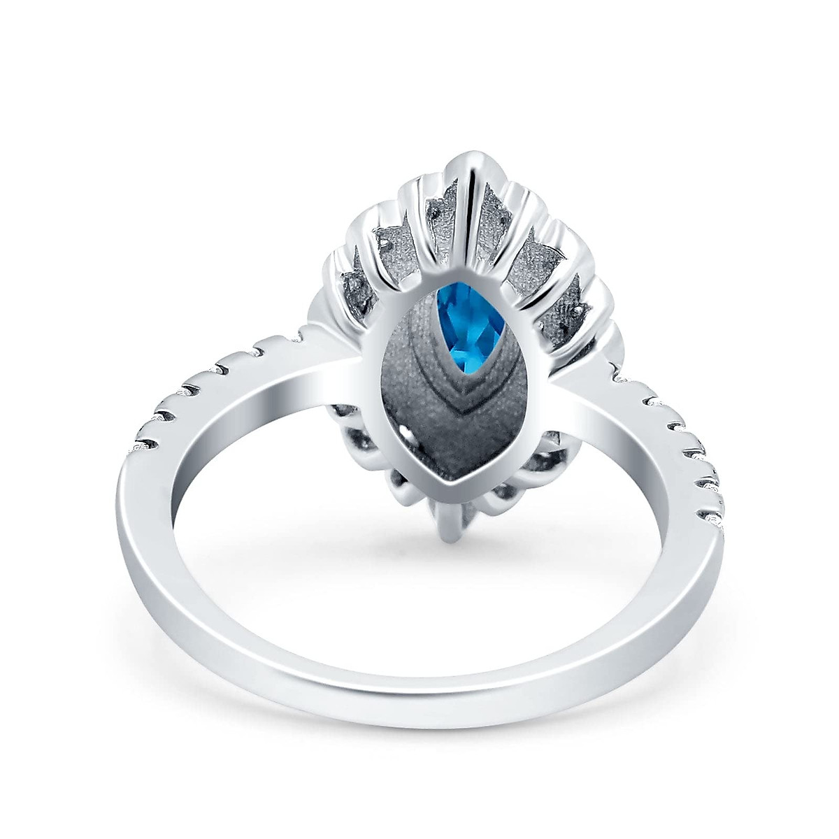 Simulated Blue Topaz CZ Size-7 Halo Vintage Style Art Deco Solitaire Accent Marquise Wedding Engagement Ring Round CZ 925 Sterling Silver