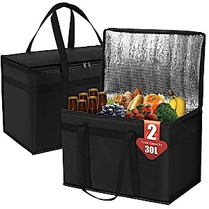 2 Pack X-Large Insulated Bag 30L Cooler Bags Insulated for Travel Pizza Bag Food Delivery Bag Insulated Reusable Grocery Bags Warm & Cooler Bags for Food & Grocery Hold for 1.5H（15.7W x 13H x 9.1D）