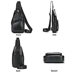 Genuine Leather Sling Bag, Metal Buckle Crossbody Bags Shoulder Cross Chest Pack Small Travel Backpack for Men and Women Black