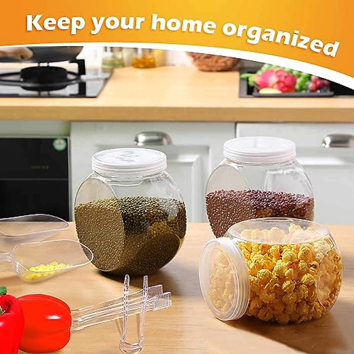 Sunnyray 18 Pcs Candy Jar Set 6 Pcs 71 oz Round Container Jars with Lids 6 Pcs Scoops 6 Pcs Tongs Plastic Containers for Cookies Snacks Candies Gifts Storage Containers Countertop Display Container