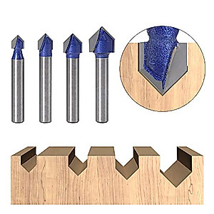Yakamoz Industrial Grade 1/4-Inch Shank 90 Degree V Groove Router Bit Set CNC Engraving V Grooving Bit Cutter for 3D Signmaking Lettering Carving Woodworking Tool, Cutting Dia. 1/4", 5/16", 3/8", 1/2"