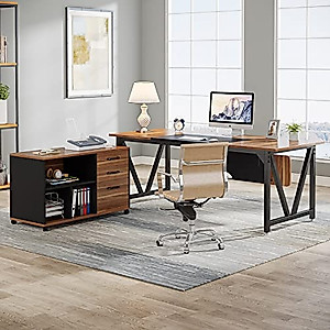 Tribesigns 70.8" Executive Desk with 35.4" File Cabinet Combo, Industrial L-Shaped Computer Desk, Extra Large Workstation with Drawers and Open Storage, Business Furniture Set for Home Office