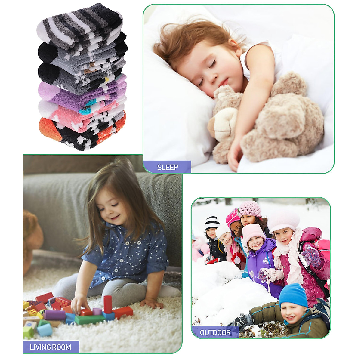 SDBING Kids Fuzzy Socks, Toddlers Non Slip Socks Boys Girls Cute Cozy Winter Warm Crew Socks with Grips 6 Pairs (8-12 Years, Cute Animal)