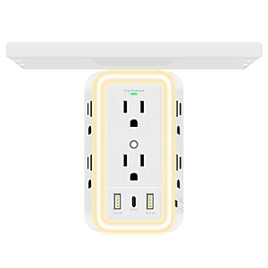Electrical Outlet Extender Multi Plug 3-Sided Power Strip Socket, (5V 3.4A) Wall Mount Surge Protector Charging Station with LED Night Light(6 Holes, 2 USB Charging Ports, 1 Type-C Port)