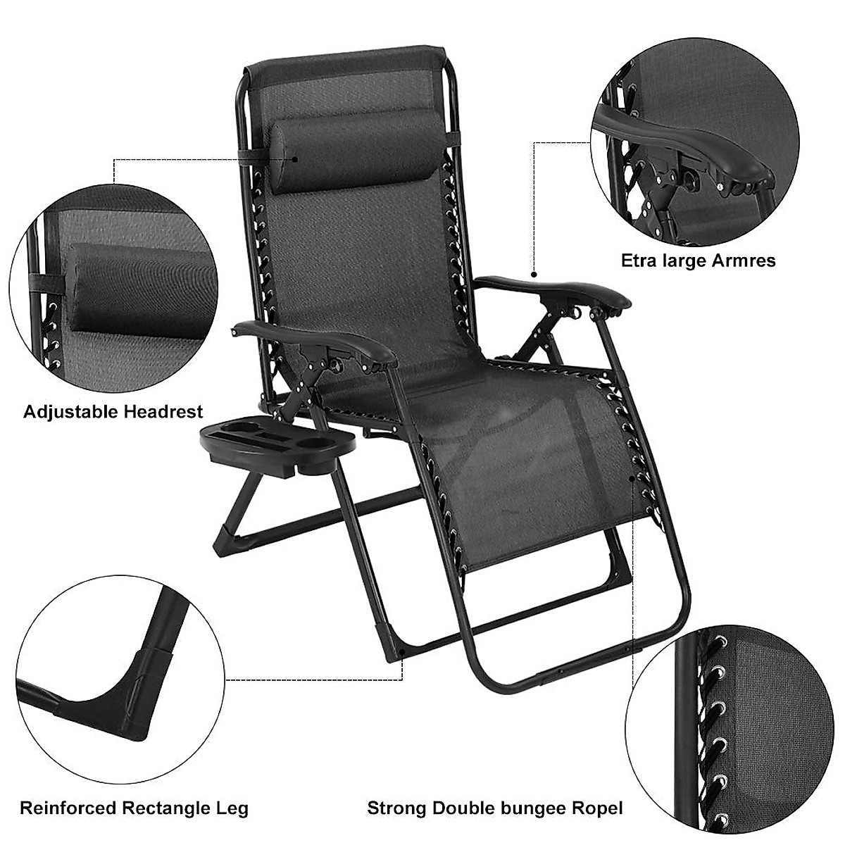 Outdoor Oversized Zero Gravity Chair, XL Adjustable Patio Lounge Recliner Chair with Lumbar Support and Pillow, Folding Recliner for Backyard, Beach, Lawn Pool Deck Camping with Cup Holder, Black
