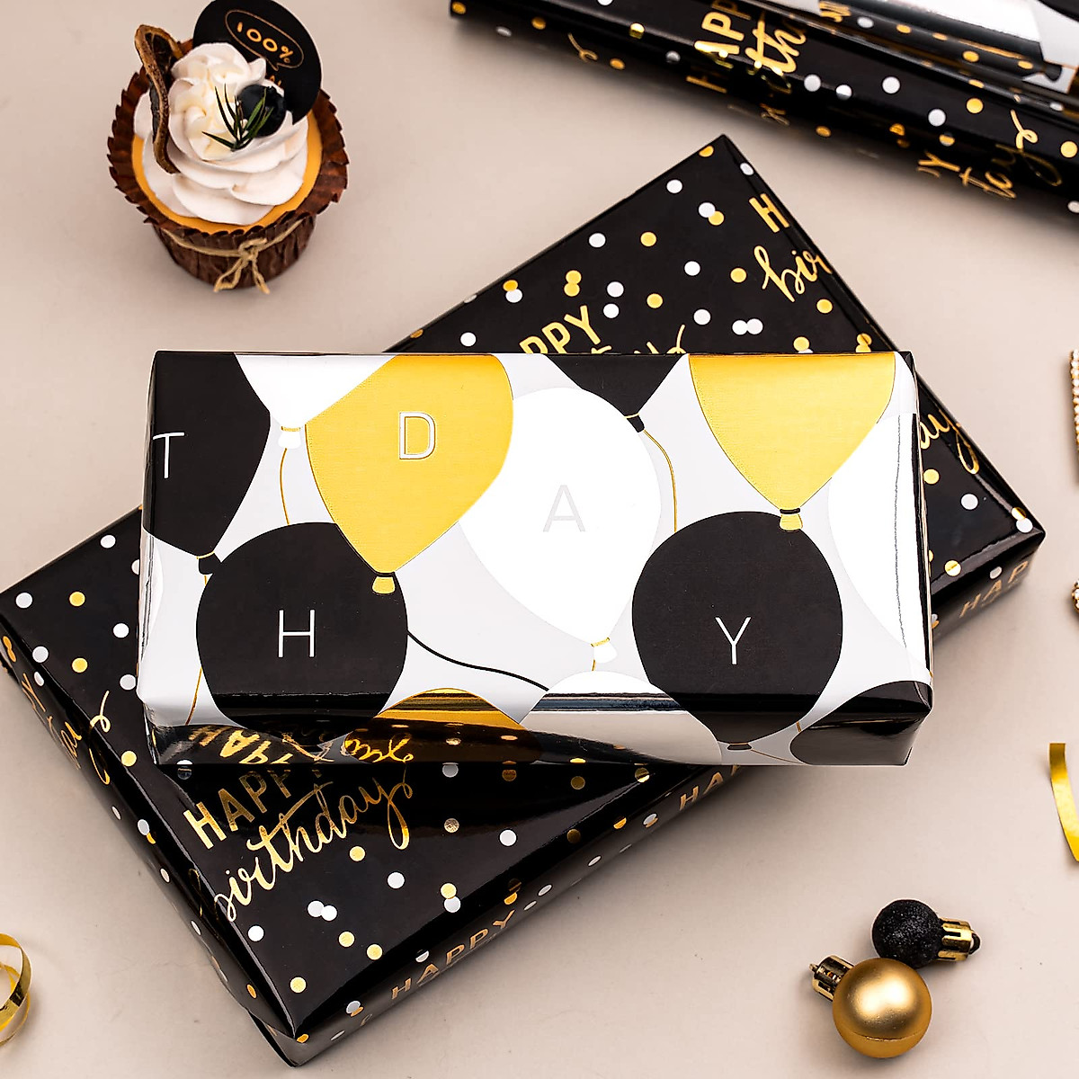 LeZakaa Birthday Wrapping Paper Roll - Mini Roll - Metallic Foil with Balloon, Star and Happy Birthday Lettering - 17 x 120 inches, 3 Rolls (42.5 sq.ft.ttl.)