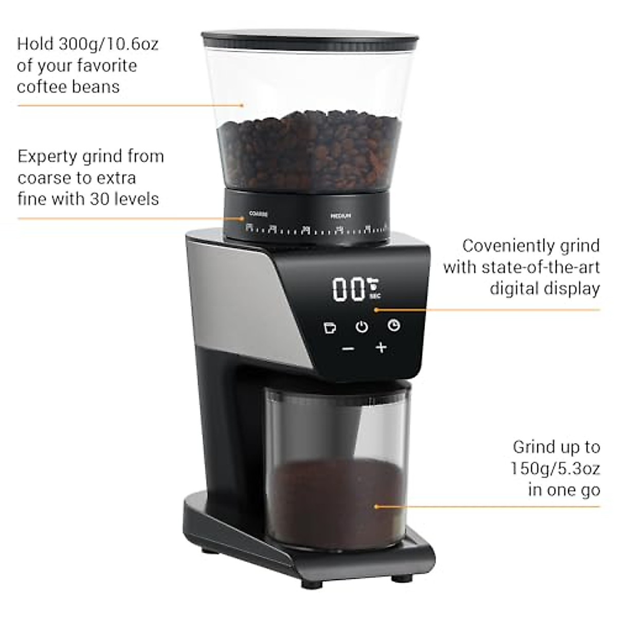Ollygrin Electric Conical Burr Coffee Grinder, Coffee Bean Grinder Stainless Steel with Digital Timer Display, Coffee Bean Burr Mill Grinder with 30 Precise Grind Settings 12 Cups SilverV02S