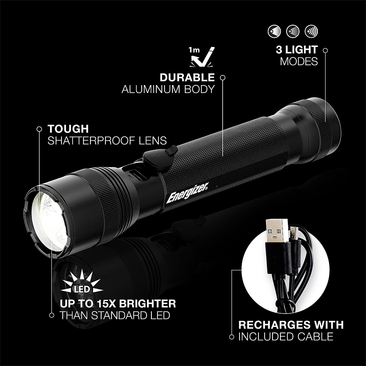 Energizer 1000 Lumen Rechargeable LED Flashlight Bundle with 2000 Lumen Rechargeable LED Flashlight, 2 Pack