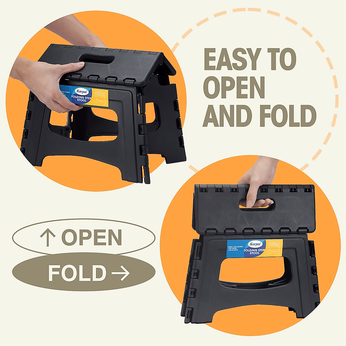 Korpai Upgrade 9" Folding Step Stool for Adults and Kids Holds Up to 300 lbs,Non-Slip Folding Stools with Portable Handle, Compact Plastic Foldable Step Stool for Bathroom, Kitchen,Black,1 PC