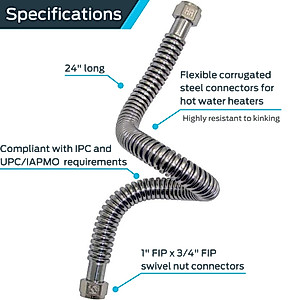 Holdrite QuickFlex 1 Inch FIP x 3/4 Inch FIP x 24 Inch Water Heater Connectors, Corrugated, Stainless Steel, QFC-17524