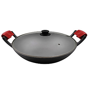 Crucible Cookware 14-Inch Cast Iron Wok Set (Pre-Seasoned), Glass Lid & Silicone Hot Handle Holders