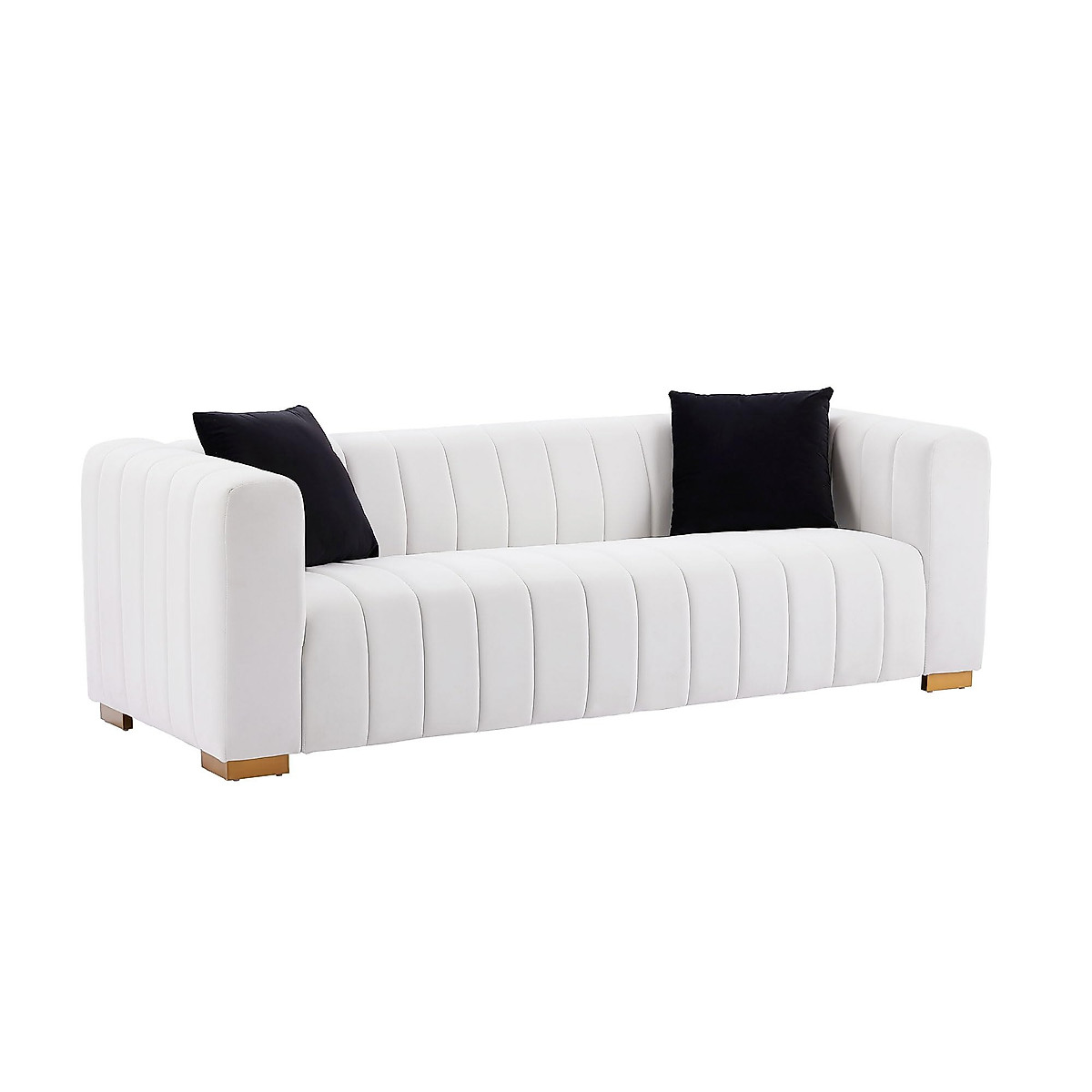 kevinplus 87.8'' Velvet Sectional Sofa Couch for Living Room, Modern Contemporary Chesterfield 3-Seat Sofa Couch for Apartment Bedroom Office, Strong Gold Metal Legs, 2 Pillows, White
