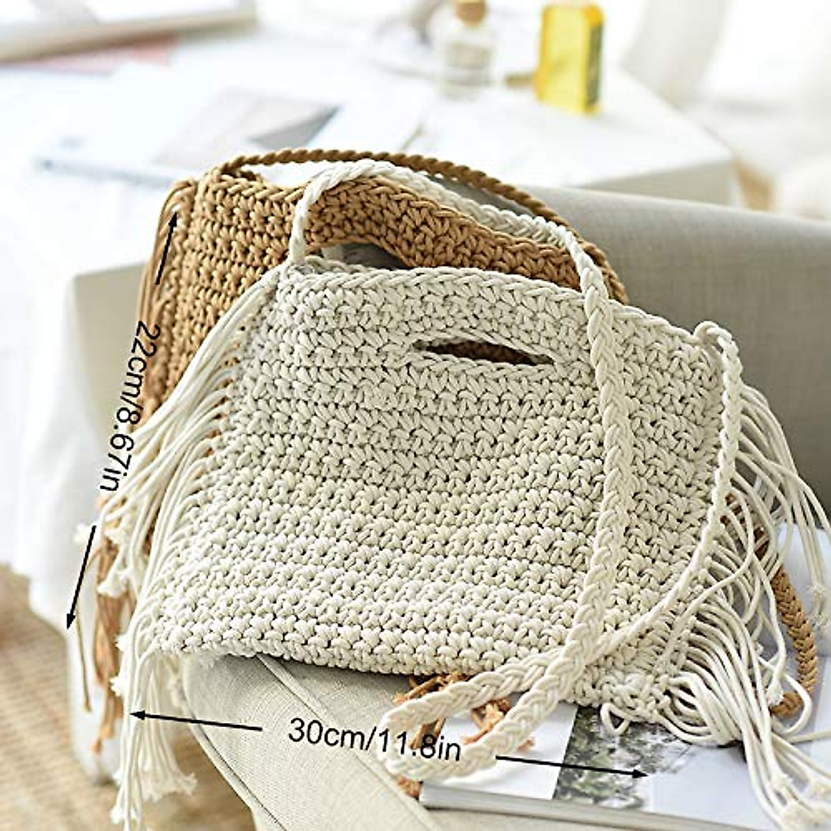 Nice Pies Solid Color Tassel Summer Beach Bag Tote Braided Handbag Women Weave Grass Bag for Travel Everyday Use