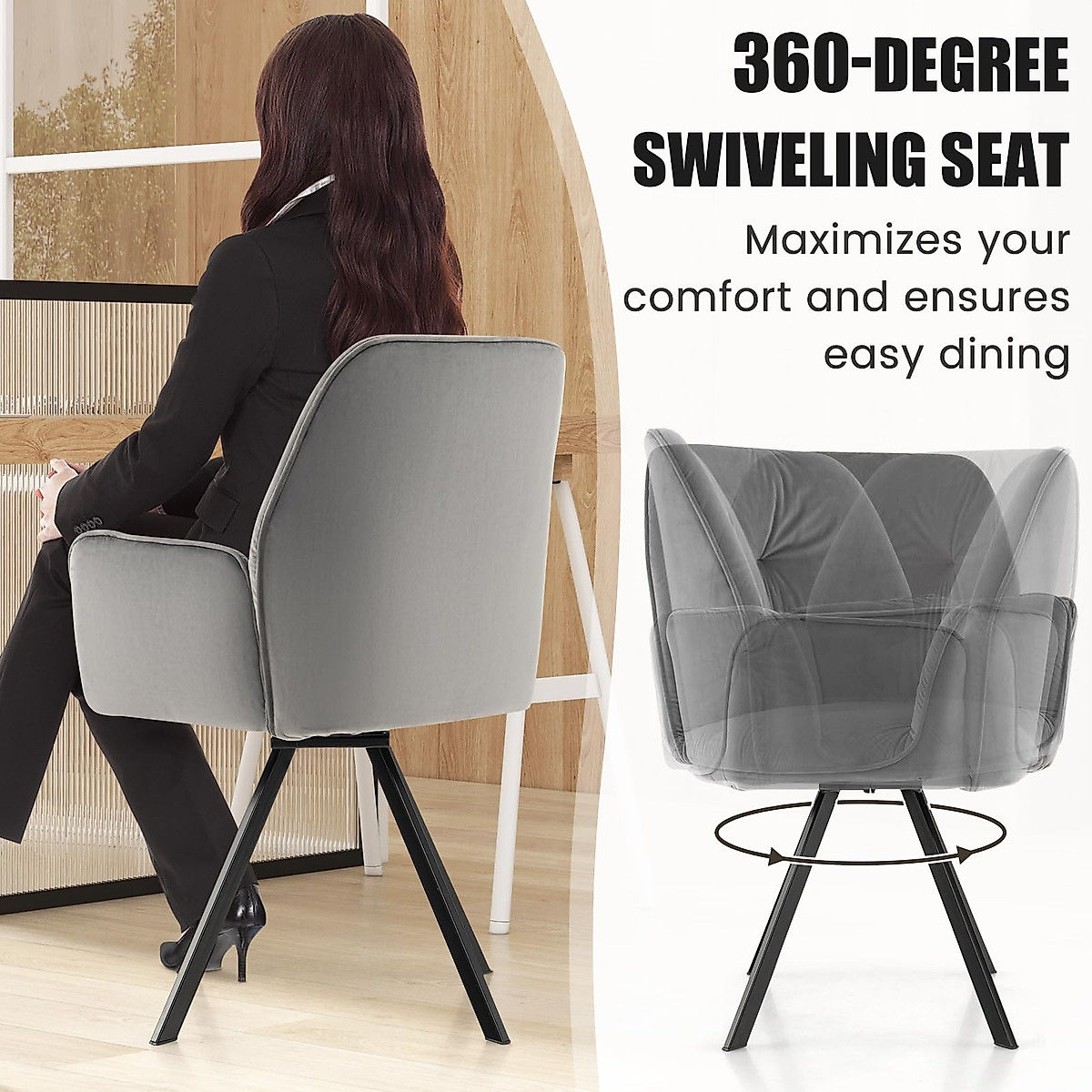 Giantex Upholstered Swivel Velvet Accent Chair Set of 2, Desk Chair No Wheels, Max Load 300 Lbs, Velvet Tufted Swivel Armchair with Metal Legs for Living Room Small Space Home Office Study (Gray)