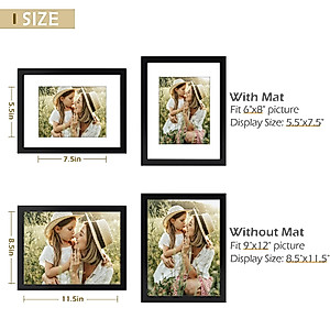 Golden State Art, 9x12 Picture Frame - Black Solid Wood With Tempered Glass - Display Pictures 6X8 with Mat or 9X12 Without Mat - Wall Hanging Photo Frame, 1 Pack
