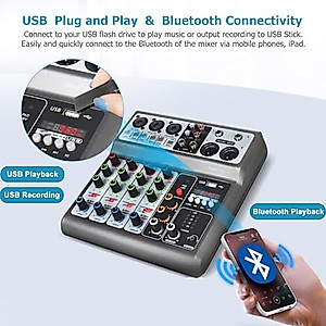 Aveek Professional Audio Mixer, Sound Board Mixing Console with 5 Channel Digital USB Bluetooth Reverb Delay Effect, Input 48V Phantom Power Stereo DJ Mixers for Recording, Live Streaming, Podcasting