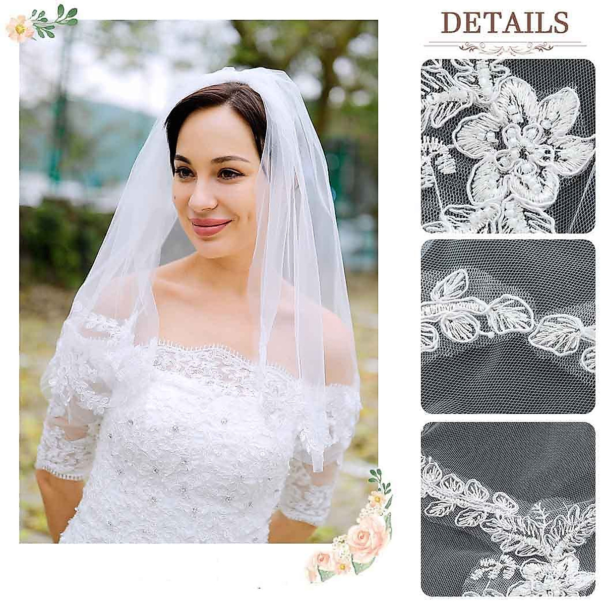 Unsutuo Bride Wedding Veil White Short Lace Bridal Veils Shoulder Length Veil with Comb for Women and Girls