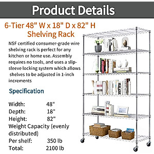 Bigacc 2100LBS Metal Shelf Wire 82"x48"x18"Heavy Duty Metal Shelves for Storage, Shelving Unit, Height Adjustable Garage Rack, 6 Tier Metal Storage Shelves with Wheels/Feet Levelers, Black