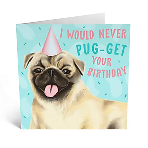 CENTRAL 23 - Happy Birthday Card - 'Never Pug-Get' - Cute Dog Pun - Birthday Cards for Him Her Men Women - Comes with Stickers