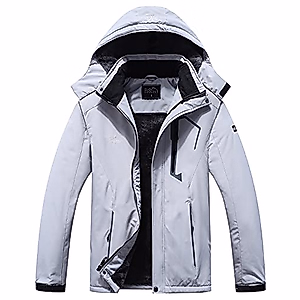 Pooluly Men's Ski Jacket Warm Winter Waterproof Windbreaker Hooded Raincoat Snowboarding Jackets Light Gray-2XL