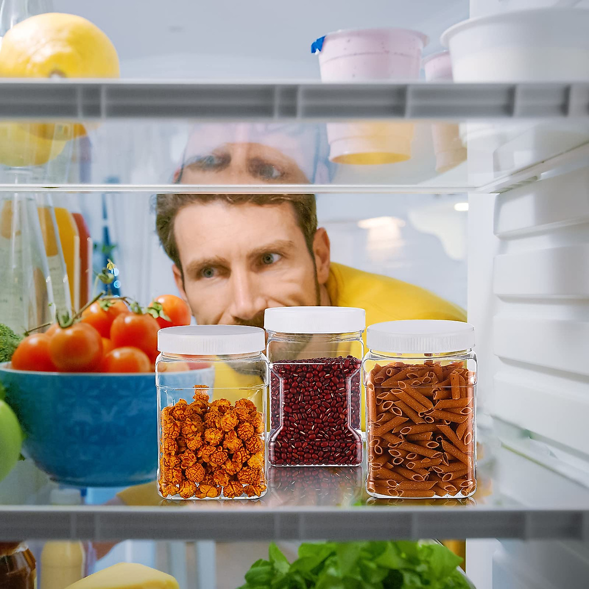 6 Pcs Half Gallon Square Plastic Containers with Lids 60.8 oz Clear Plastic Jars Storage Containers Grip Jars Large Mouth Square Canisters for Food Snack Kitchen