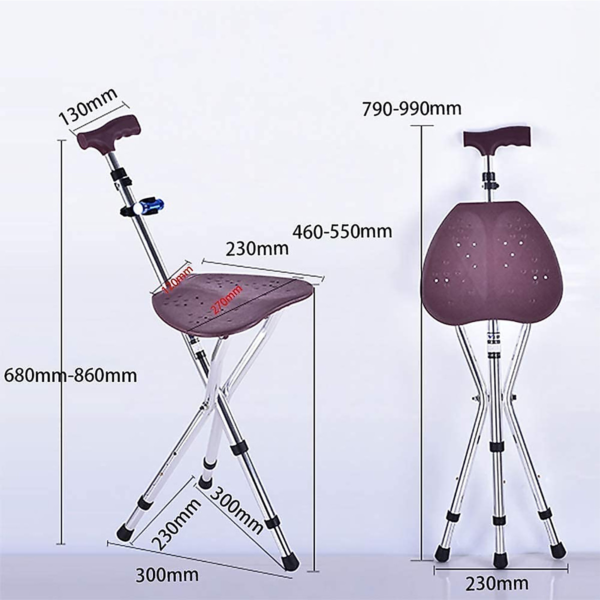 Tripod Walking Stick Seat,Folding Massage Cane Seat,Crutch Chair,Lightweight Robust Three Legged Stick with Stool,Aluminum Alloy,for Elder Waiting in