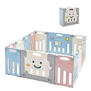 Costzon Foldable Baby Playpen, 14-Panel Baby Play Yards with Lock Door & Anti-Slip Rubber Bases, Indoor Outdoor Safety Baby Fence with Adjustable Shape for Children Toddlers (14 Panel, Multicolor)