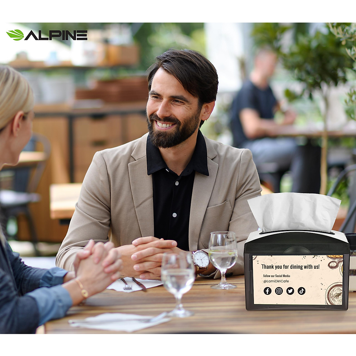 Alpine Tabletop Commercial Napkin Dispenser Restaurant Napkin Holder for Easy Access to Interfold Napkins from Both Sides with an Insert Marketing Space for Restaurants, Cafeterias, Food Trucks, Club