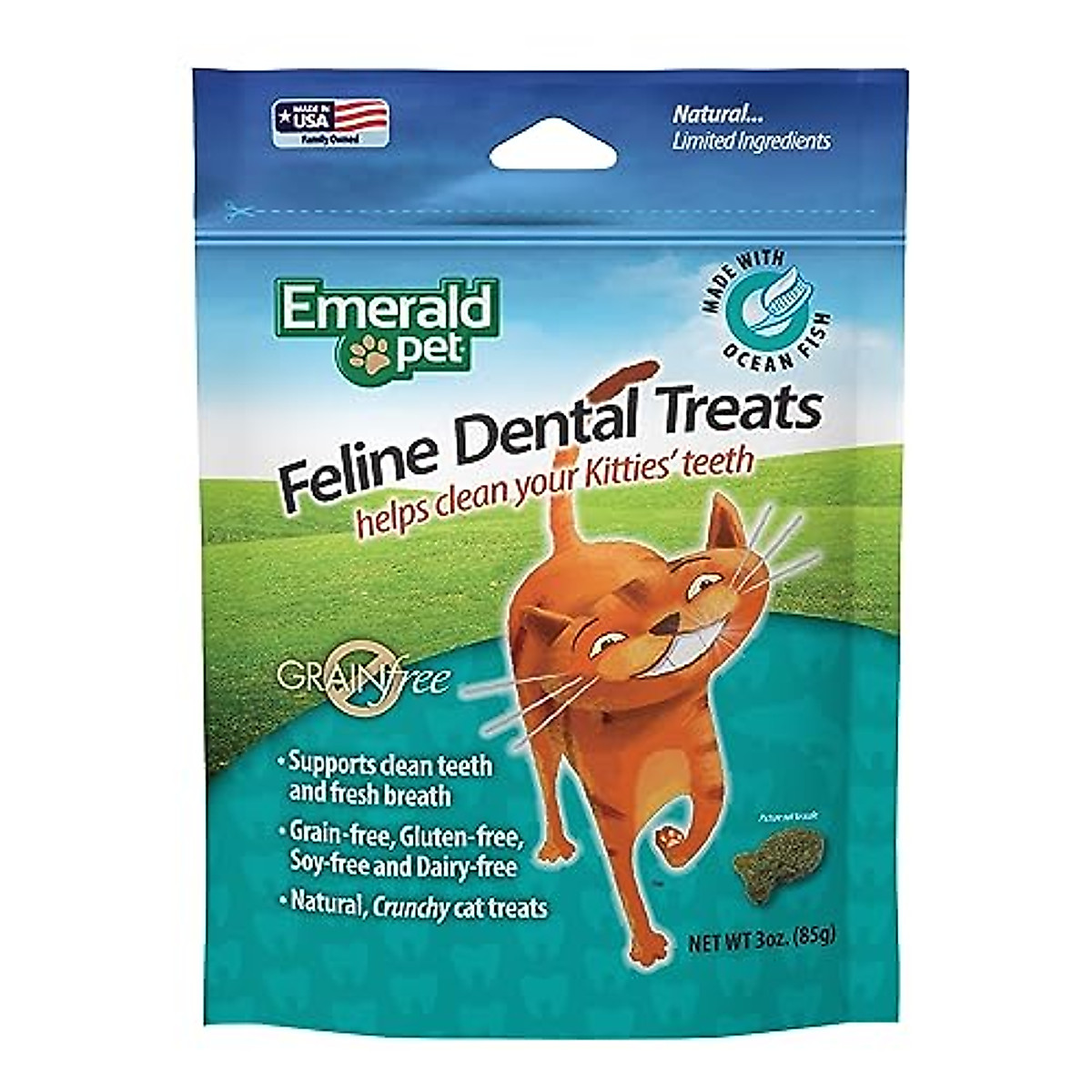 Feline Dental Treats — Tasty and Crunchy Cat Dental Treats Grain Free — Natural Dental Treats to Clean Cat Teeth, Freshen Cat Breath, and Reduce Plaque and Tartar Buildup — Ocean Fish Treats, 3 oz