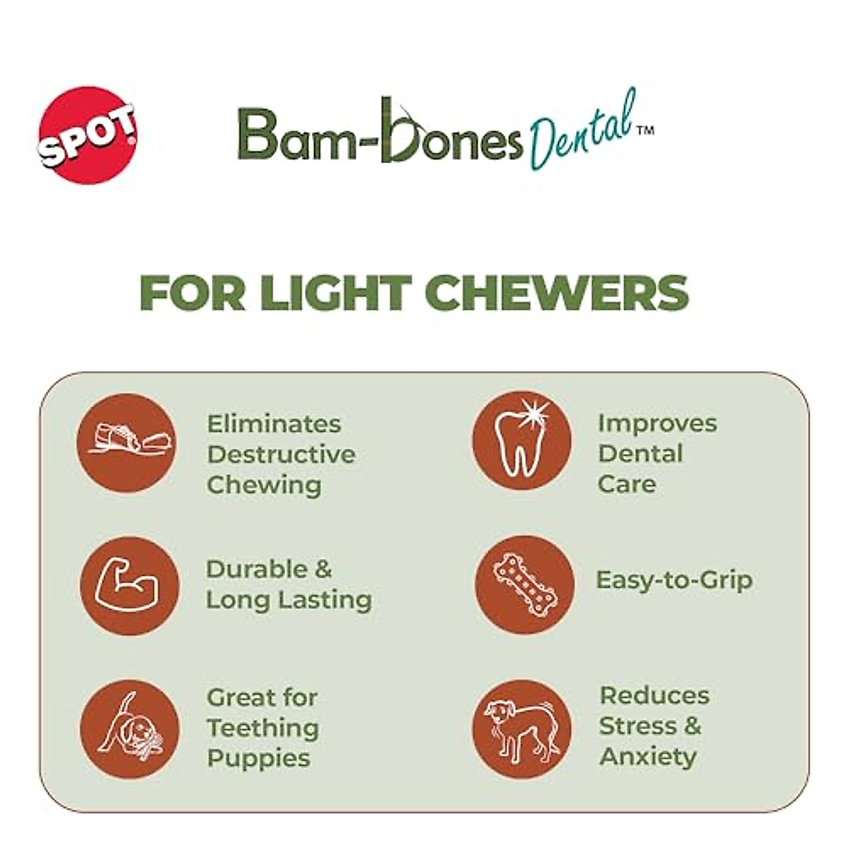 SPOT Bam-Bones Dental Bone - Made with Bamboo Fiber and a Massaging Rubber Center, Durable Oral Care Dog Chew for Light Chewers & Teething Puppies Under 40lbs, 7in, Allergen Free Peanut Butter Flavor