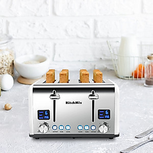 Toaster 4 Slice, KitchMix Bagel Stainless Toaster with LCD Timer, Extra Wide Slots, Dual Screen, Removal Crumb Tray (White)