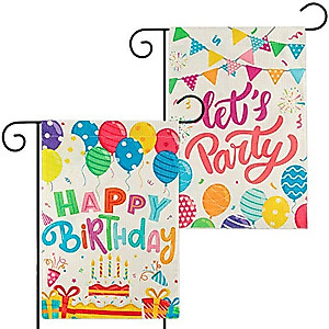 WATINC 2Pcs Happy Birthday Garden Flags Let’s Party Burlap Yard Signs Vertical Double Sided Readable Birthday Cake Banner Poster Party Decorations Supplies for Indoor Outdoor Lawn 12.3 x 18.5 Inch