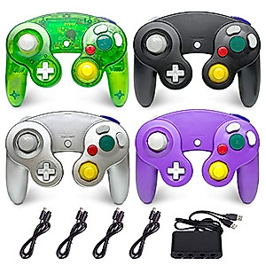 4 Pack Gamecube Controller, with 4 Extension Cables and 4-Port USB Adapter for Switch PC Wii U Console (Black, Purple, Sliver, Green)