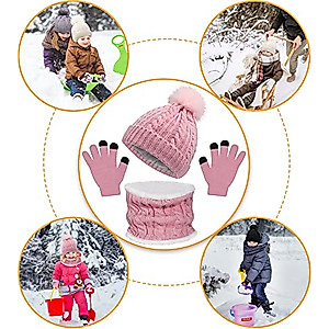 KMOLY Kids Winter Hat Set for Boys Girls Age 2-7,Toddler Beanie Neck Warmer Touchscreen Gloves Baby Knit Ski Cap Set (Pink)