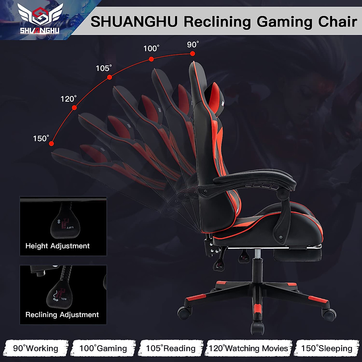 shuanghu Gaming Chair High Back Computer PC Ergonomic Video Office Chairs Gamer Chair with Footrest Video Support Reclining Video Computer Chair Desk Chair Leather Gaming Chair