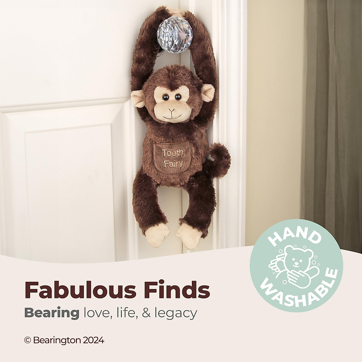 Bearington 12 In Tooth Fairy Door Hanger Stuffed Animal, Lil' Swings Monkey Tooth Holder, Fairy Doll with Pocket Pouch