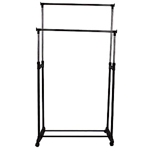 WOHLLEBEN Expandable Double Rods Clothing Rack Portable Freestanding Clothes Rack on Wheels Clothes Closet with Shoe Shelves Multi-functional Garment Rack, (33"-59")×16.5"×(43"-67")