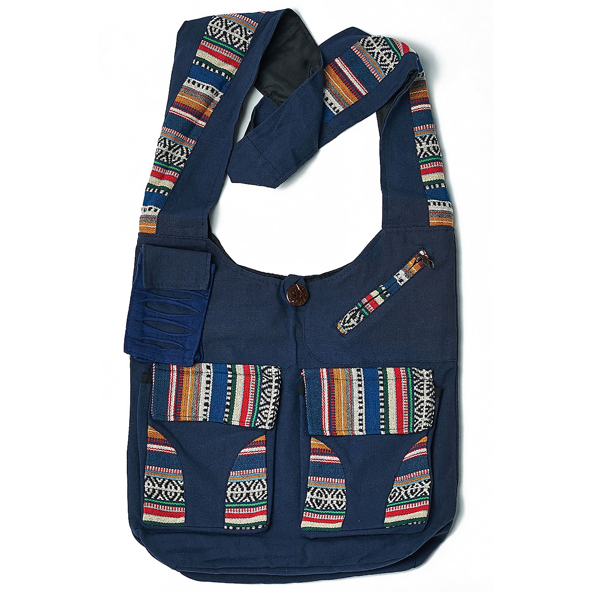 Navy Blue Cross Body Shoulder Bag with Woven Tribal Accent Design Large