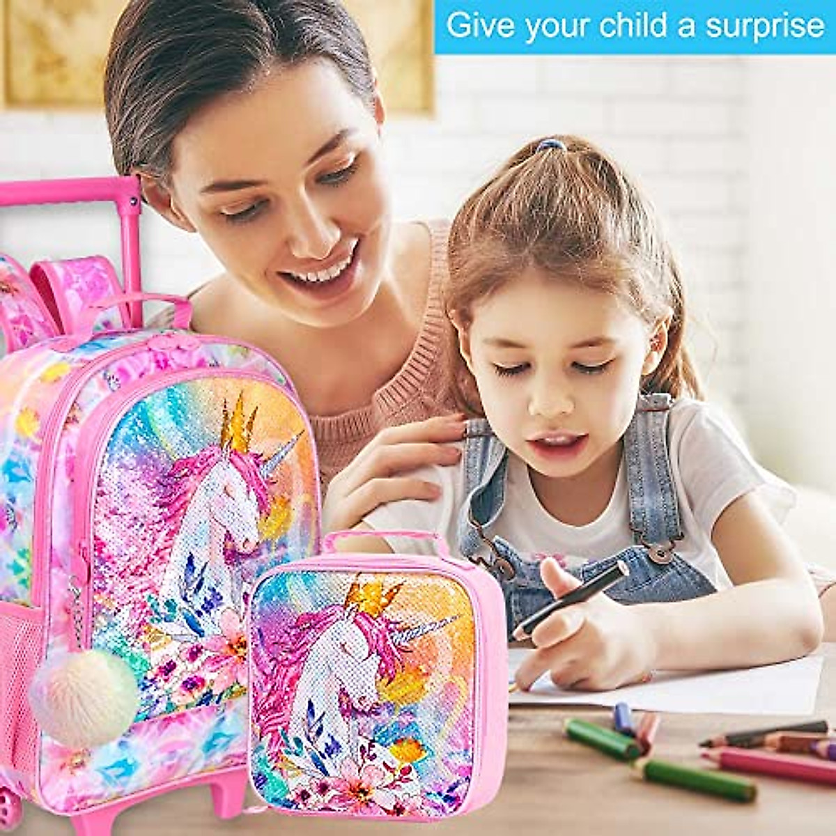 CCJPX 4PCS Kids Rolling Backpack for Girls, Unicorn Sequin Roller Wheeled Bookbag Toddler Elementary School Bag with Wheels One Size