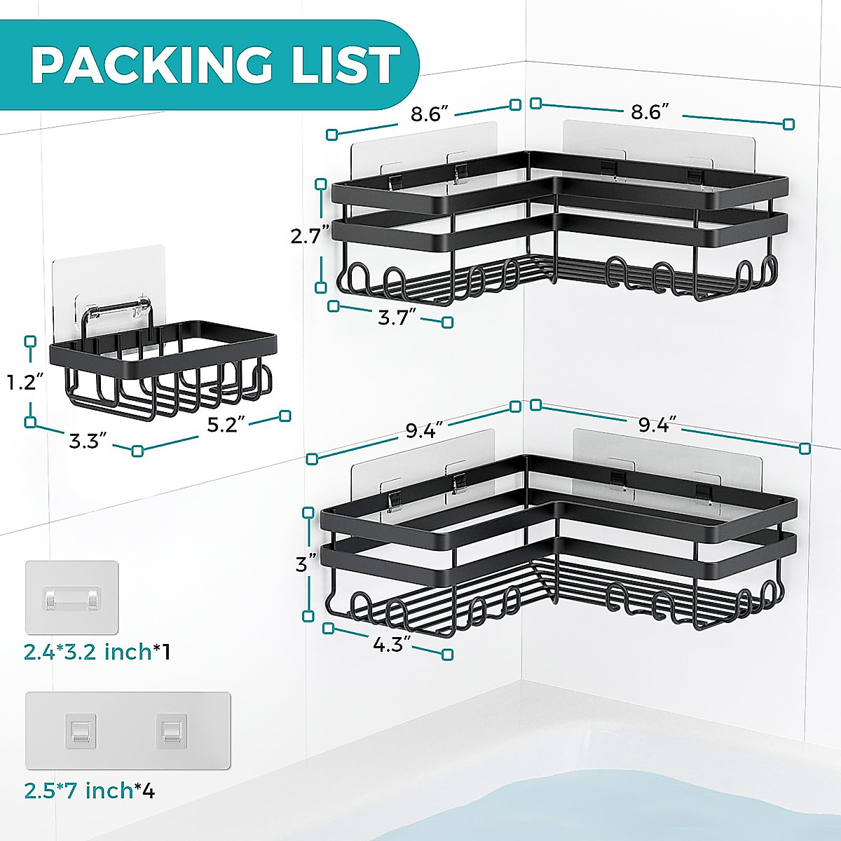 HomeHacks Shower Caddies, 3-Pack with Soap Holder, Shower Organizer with Save Space Hooks, Apartment Essentials for Bathroom, Kitchen & Living Room, Shower Shelf for Inside Shower