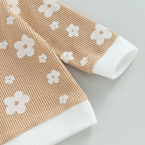 Toddler Baby Girl Fall Winter Outfit Floral Print Long Sleeve Sweatshirt and Elastic Waist Pants Newborn Clothes Set (Waffle Floral Khaki, 12-18 Months)